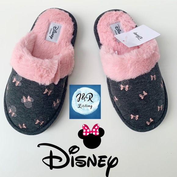 Disney | Shoes | Disney Mickey Minnie Mouse Fluffy Greypink Slippers ...